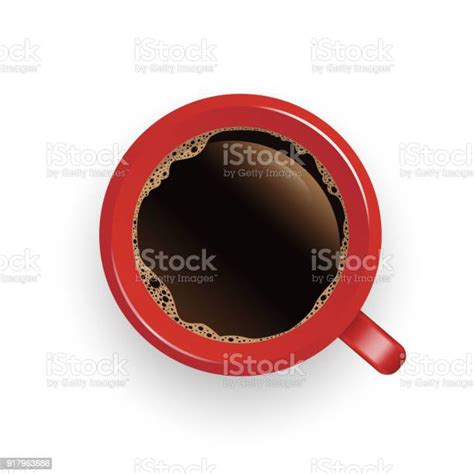 현실적인 평면도 빨간 커피 컵과 접시 흰색 배경에 고립 일러스트 레이 션 0명에 대한 스톡 벡터 아트 및 기타 이미지 0명