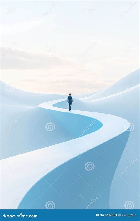 Man Walks Along Winding Blue Path In Serene Landscape Stock Illustration Illustration Of