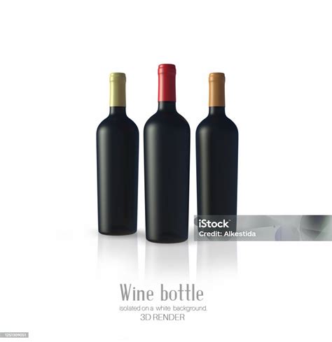흰색 배경에 검은 무광택 유리로 만든 와인 3 병 알코올 클로즈업 부드러운 눈부심 3d 렌더링 디자인 광고 브랜딩을 위한 템플릿