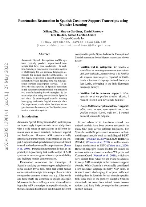 Pdf Punctuation Restoration In Spanish Customer Support Transcripts Using Transfer Learning