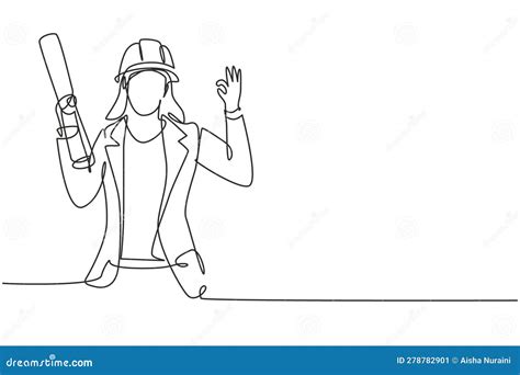 Single Continuous Line Drawing Female Architect With Gesture Okay And