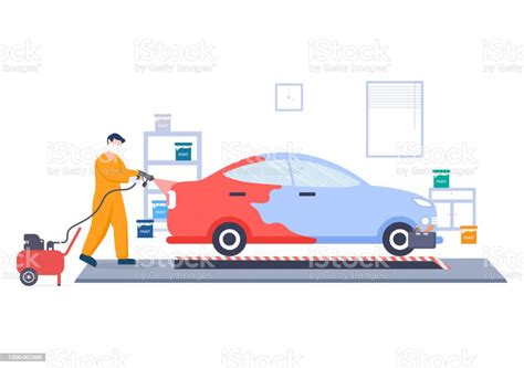 장비가있는 자동차 페인팅 기계는 평면 벡터 일러스트레이션에서 새로운 색상을 제공하기 위해 차량 본체에 페인트 에어 브러시 또는 스프레이 건을 제공합니다 개념에 대한 스톡