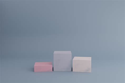 차분한 파스텔 색상의 큐브 또는 상자가있는 3d 모델링 장면 화장품 프리젠 테이션을위한 빈 연단 간단한 기하학적 3d 요소로 빈