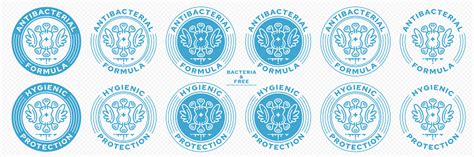 제품 포장을 위한 개념 라벨링 항균 포뮬러 및 위생 보호 날개가 달린 박테리아 아이콘은 자유의 상징입니다 벡터 집합입니다 건강관리와 의술에 대한 스톡 벡터 아트 및 기타
