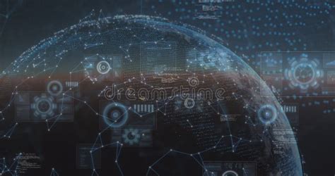 Animation Of Scopes Scanning Data Processing And Network Of Connections Over Digital Planet