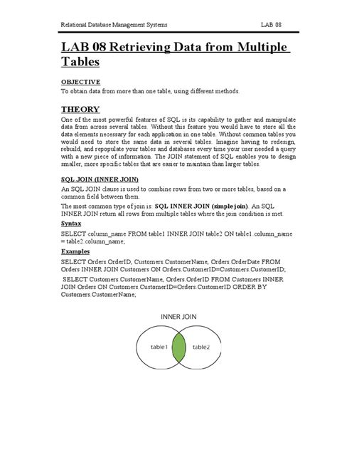 Lab 08 Retrieving Data From Multiple Tables Theory Pdf Relational Model Table Database