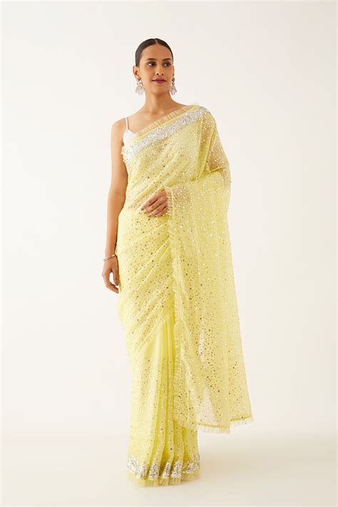 Light Yellow Organza Viscose Embroidered Saree Taneira Online Store