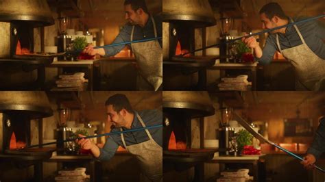 在餐厅，专业厨师使用比萨饼皮将比萨饼转移到木火石烤箱中。传统意大利烹饪家庭食谱。正宗的比萨店，美味的 视频素材下载 编号 20043152 光厂 Vj师网