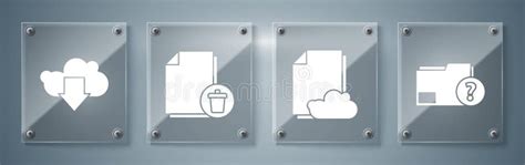 Set Add New Folder Cloud Download And Document Folder With Clock White Square Button Stock