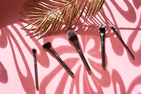 핑크 텍스처 배경에 메이크업 브러쉬의 상단 보기 클로즈업 파스텔 컬러 컨셉 최소한의 컨셉 0명에 대한 스톡 사진 및 기타 이미지 Istock