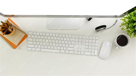 Premium Photo Top View Of A Modern White Office Desk Workspace With Pc Computer Keyboard Mouse