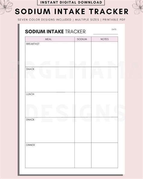 Printable Daily Sodium Intake Tracker Food Diary Meal Planner