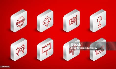 라인 주차 자동차 장벽 원형 교차로 교통 표지판 Ublic 교통 보드 병원 도로 신호등 보행자 횡단 보도 조명 및 도로 아이콘이있는 광고판을 설정하십시오 벡터 3차원 형태에