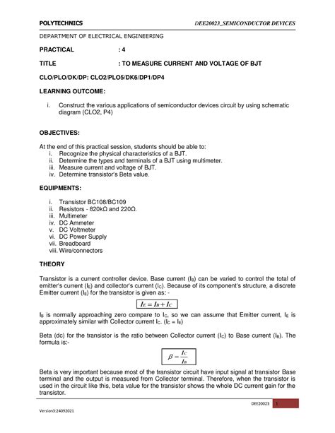 Pw4 Bjt Practical Department Of Electrical Engineering Dee20023 1