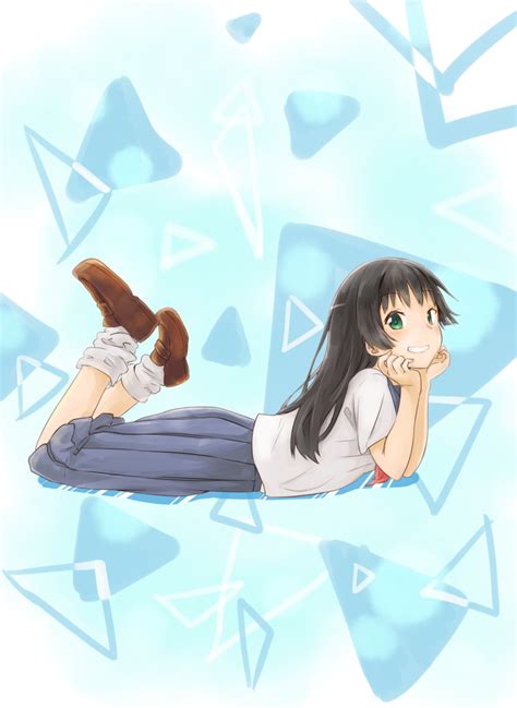 Safebooru 1girl Black Hair Blue Background Blue Skirt Brown Footwear