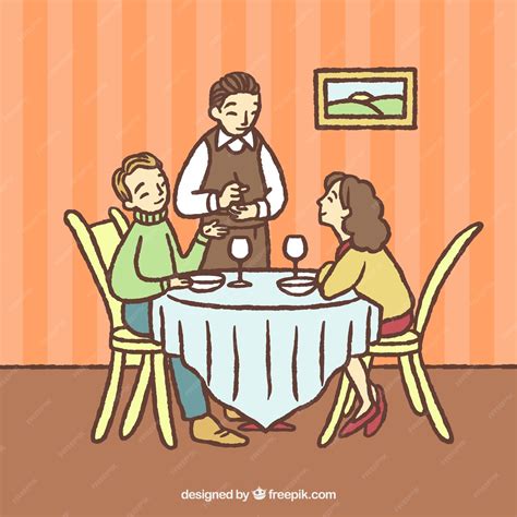 손으로 그린 부부와 웨이터 무료 벡터