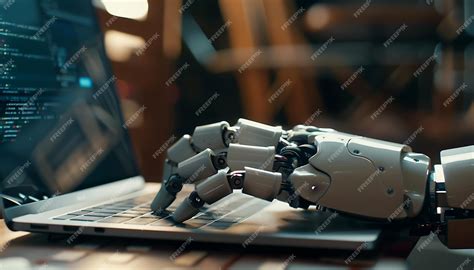 Premium Photo Robot Hand Typing Complex Code On Laptop Keyboard In Futuristic Setting