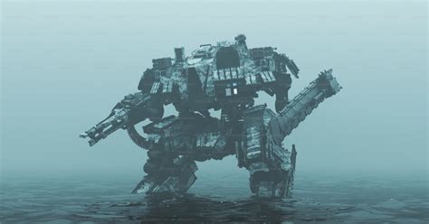 안개가 자욱한 흐린 환경에서 물 속에 서 있는 빛나는 렌즈를 가진 미래의 Ai 전투 드로이드 사이보그 기계 3d 그림 3d 렌더링 사진 Unsplash의 로봇 이미지