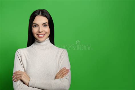 Chroma Key Compositing Happy Young Woman With Dark Hair Against Green Screen Stock Image