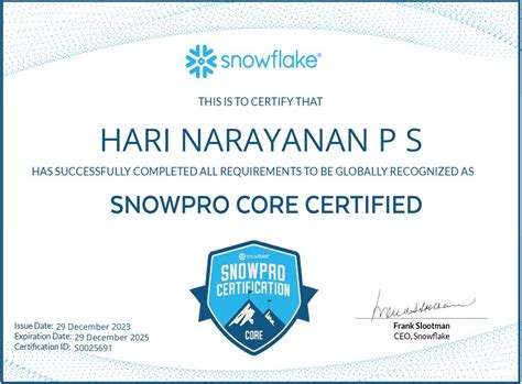Hari Narayanan P S On Linkedin Snowflake Snowpro Cloudcertification