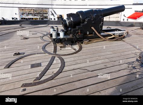 Armstrong 110 Pounder Rifled Breech Loading Gun On Upper Deck Hms Warrior Facing Forward On The