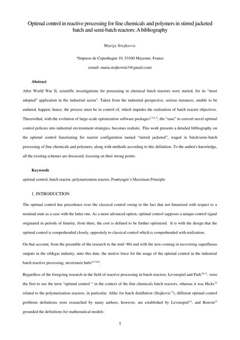 Pdf Optimal Control In Reactive Processing For Fine Chemicals And