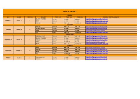 Class Timetable April 2025 Grade 8a Pdf