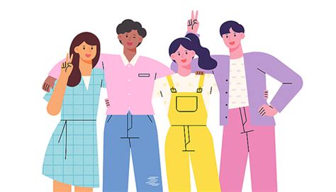 유토이미지 친구들이 함께 모여 서서 즐거운 표정을 하고 있다 심플한 벡터 스타일의 일러스트레이션