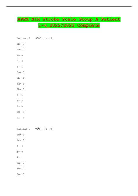 Nih Stroke Scale All Test Groups A F Patients 1 6 Answer Key Updated Spring 2023 Apex Nih