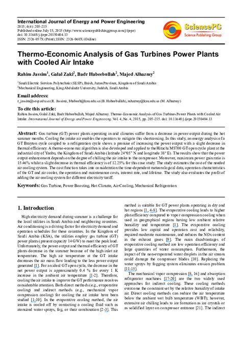 Pdf Thermo Economic Analysis Of Gas Turbines Power Plants With Cooled Air Intake