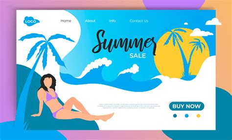 여름 세일 웹 사이트 방문 페이지 휴가 시즌 쇼핑 프로모션 할인 배너 포스터 패션 부티크 새로운 천 여름 컬렉션 전단지 상점 웹 사이트 페이지에 대한 벡터 플랫