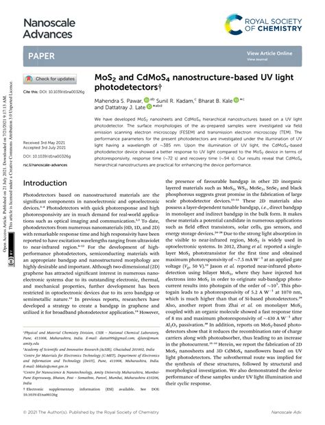 Pdf Mos 2 And Cdmos 4 Nanostructure Based Uv Light Photodetectors