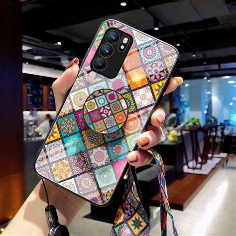 Oppo Reno6 5g Reno6 Pro 5g Hard Phone Glass Case Pattern Cover Lanyard
