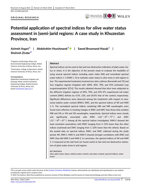Pdf Potential Application Of Spectral Indices For Olive Water Status Assessment In Semi‐arid
