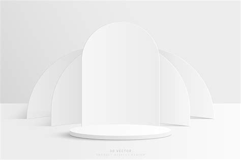 깨끗한 흰색 스튜디오 룸 아치와 반원 모양의 배경이 있는 사실적인 3d 실린더 연단 제품 프레젠테이션을 위한 플랫폼 3d 벡터 렌더링 0명에 대한 스톡 벡터 아트 및 기타