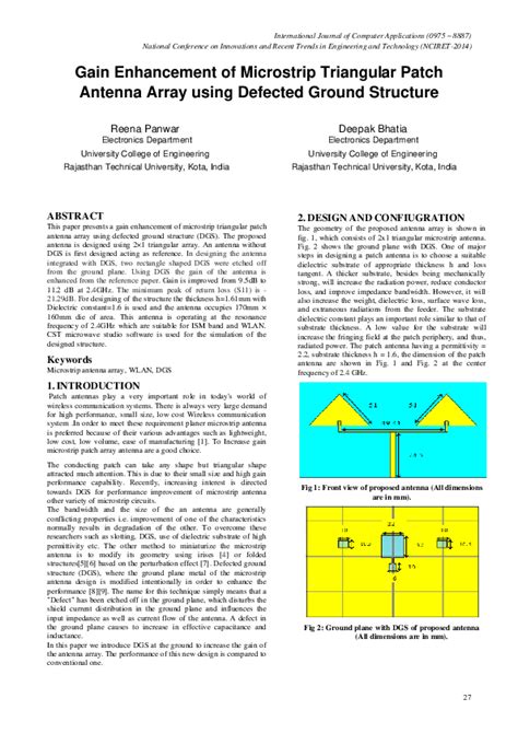 Pdf Gain Enhancement Of Microstrip Triangular Patch Antenna Array Using Defected Ground Structure