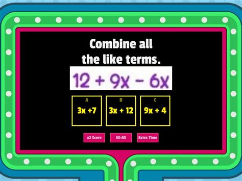 Combine Like Terms Grade 6 Gameshow Quiz