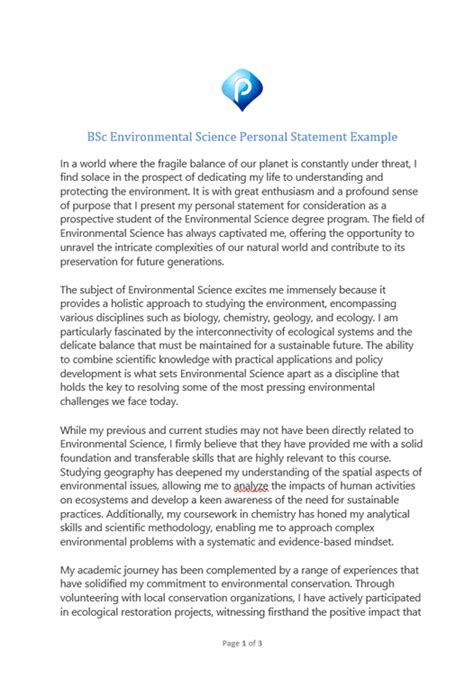 Environmental Science Bsc Personal Statement Example