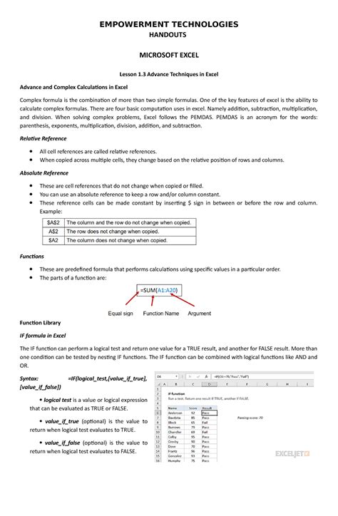 etech handout excel empowerment technologies handouts microsoft