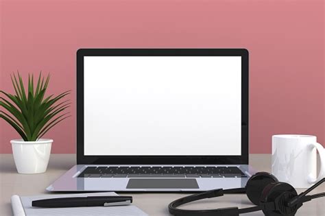 컴퓨터 네트워크 연결 디지털 기술 목재 작업 테이블 전면보기에 노트북 컴퓨터 흰색 빈 화면 분홍색 배경에 격리 3d 렌더링 커피 컵 노트북에 대한 스톡 사진 및 기타 이미지