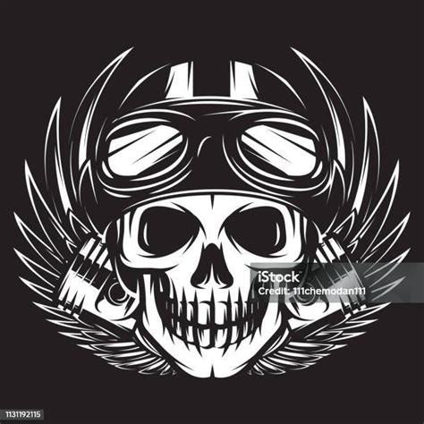 두개골 날개와 피스톤 오토바이 테마 벡터 일러스트 레이 션 두개골에 대한 스톡 벡터 아트 및 기타 이미지 두개골 오토바이 차 Istock