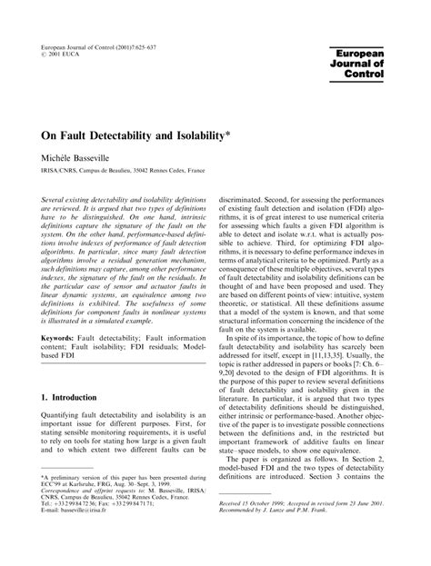 Pdf On Fault Detectability And Isolability