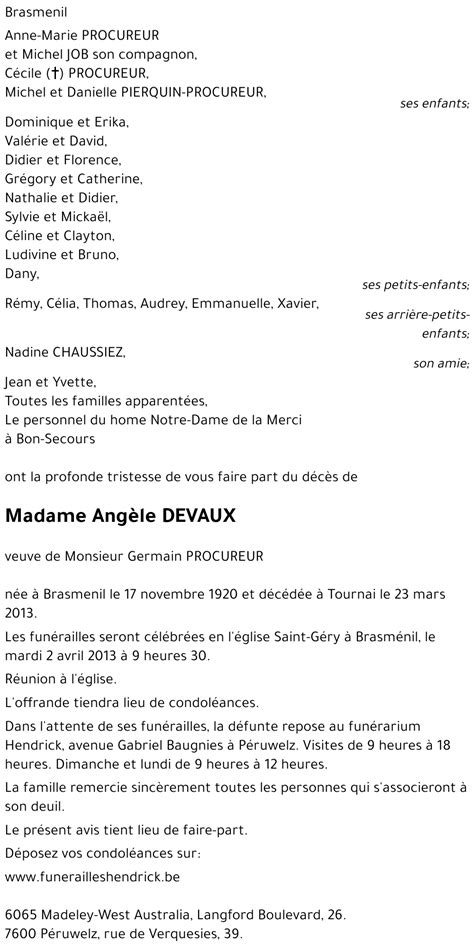 Avis De Décès De Angèle Devaux Décédé Le 23032013 à Tournai Annonce