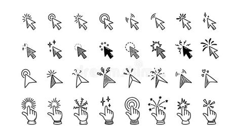 Doodle Click Icon Set Hand Drawn Mouse Cursor Press Here Tap Button