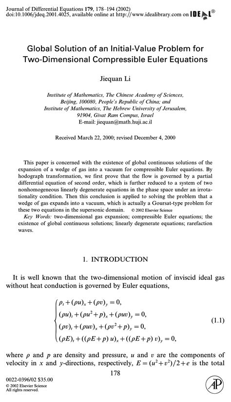 Pdf Global Solution Of An Initial Value Problem For Two Dimensional Compressible Euler