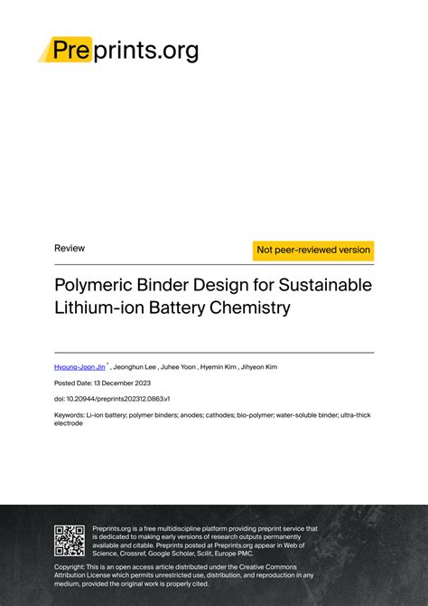 Pdf Polymeric Binder Design For Sustainable Lithium Ion Battery Chemistry