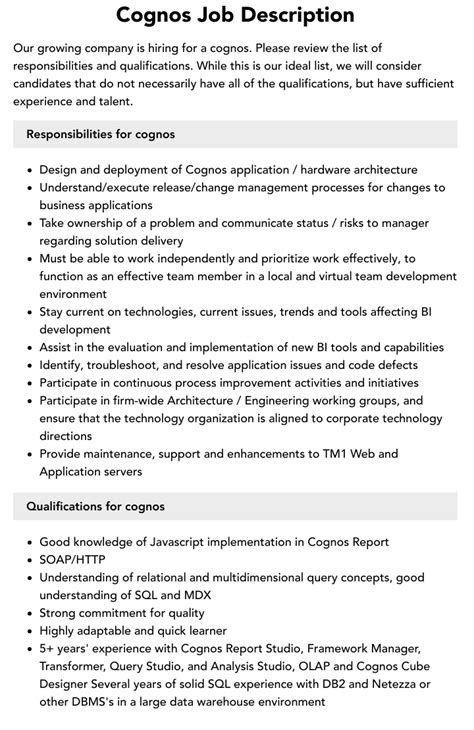 Cognos Job Description Velvet Jobs