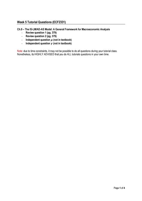 Week 5 Tutorial Questions Solutions ECF2331 Week 5 Tutorial