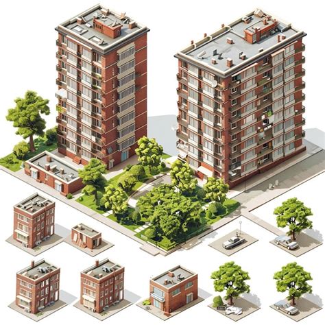 3d 32bit Isometric Apartment Building Set Isolated Premium Ai Generated Vector