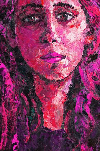 보라색 배경에 긴 분홍색 머리 밝은 입술을 가진 젊은 아름다운 부드러운 슬픈 여자의 캔버스 인상파 수직 상징적 인 초상화에 예술 내 원래 유화 예술의 우화 비유 작품 고독